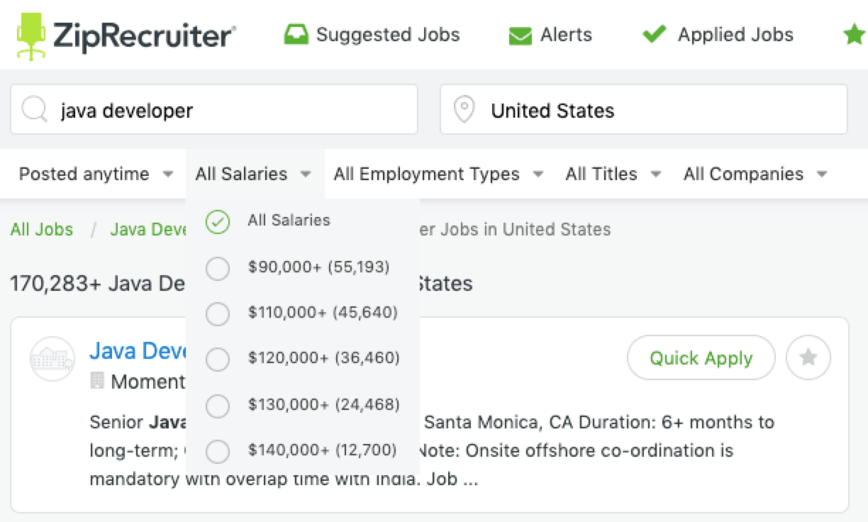 Complete Java developer salary data